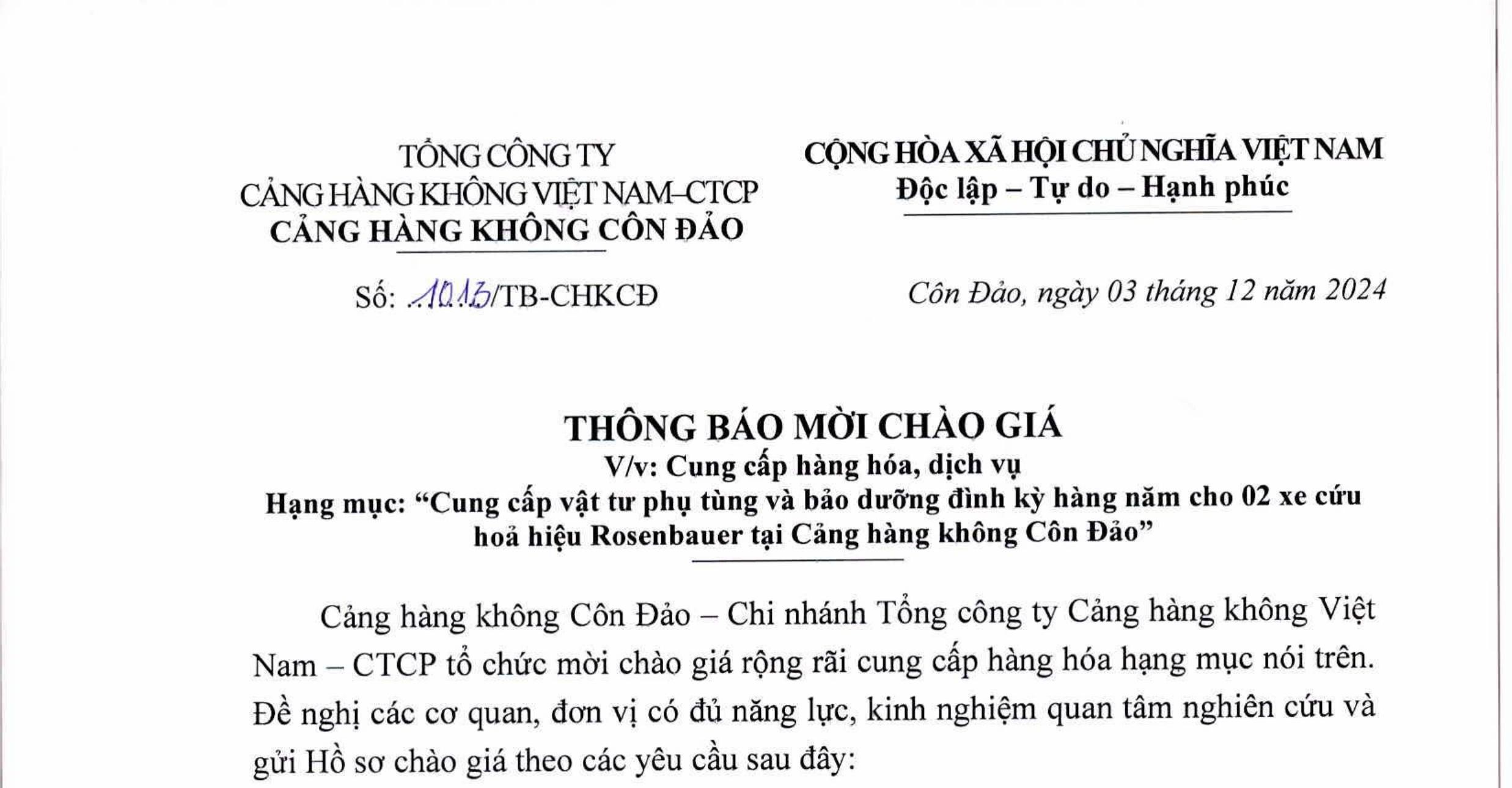 Thông báo mời chào giá V/v: Cung cấp hàng hóa, dịch vụ Hạng mục: " Cung cấp vật tư phụ tùng và ...